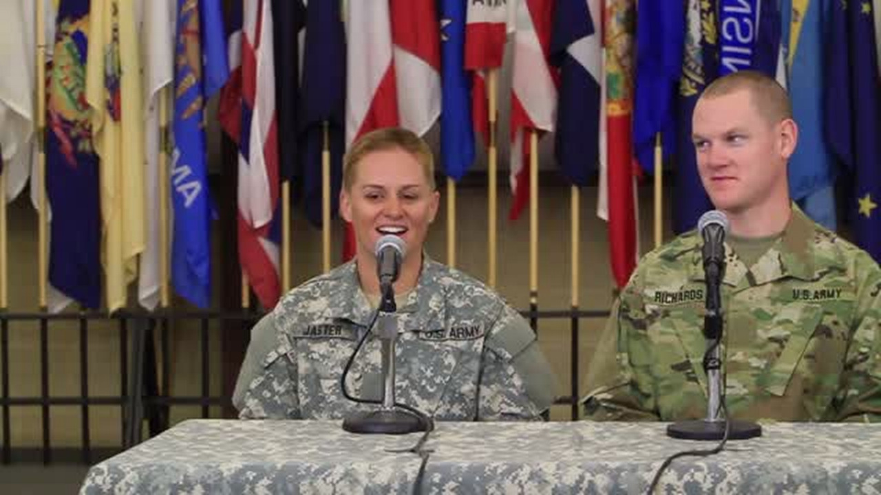 Maj. Lisa Jaster and Ranger School colleagues talk with the media ...
